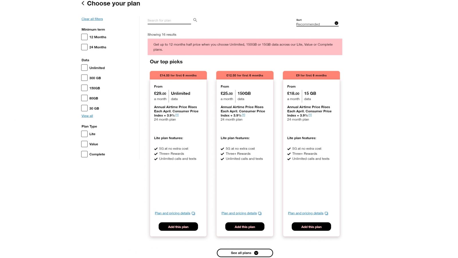 Three Plans - Lite, Value and Complete compared